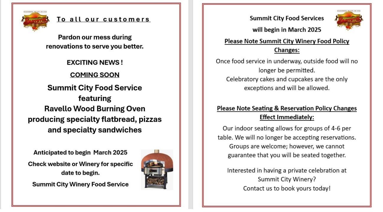 Summit City Winery Seating Reservation Policy • Summit City Farms and ...